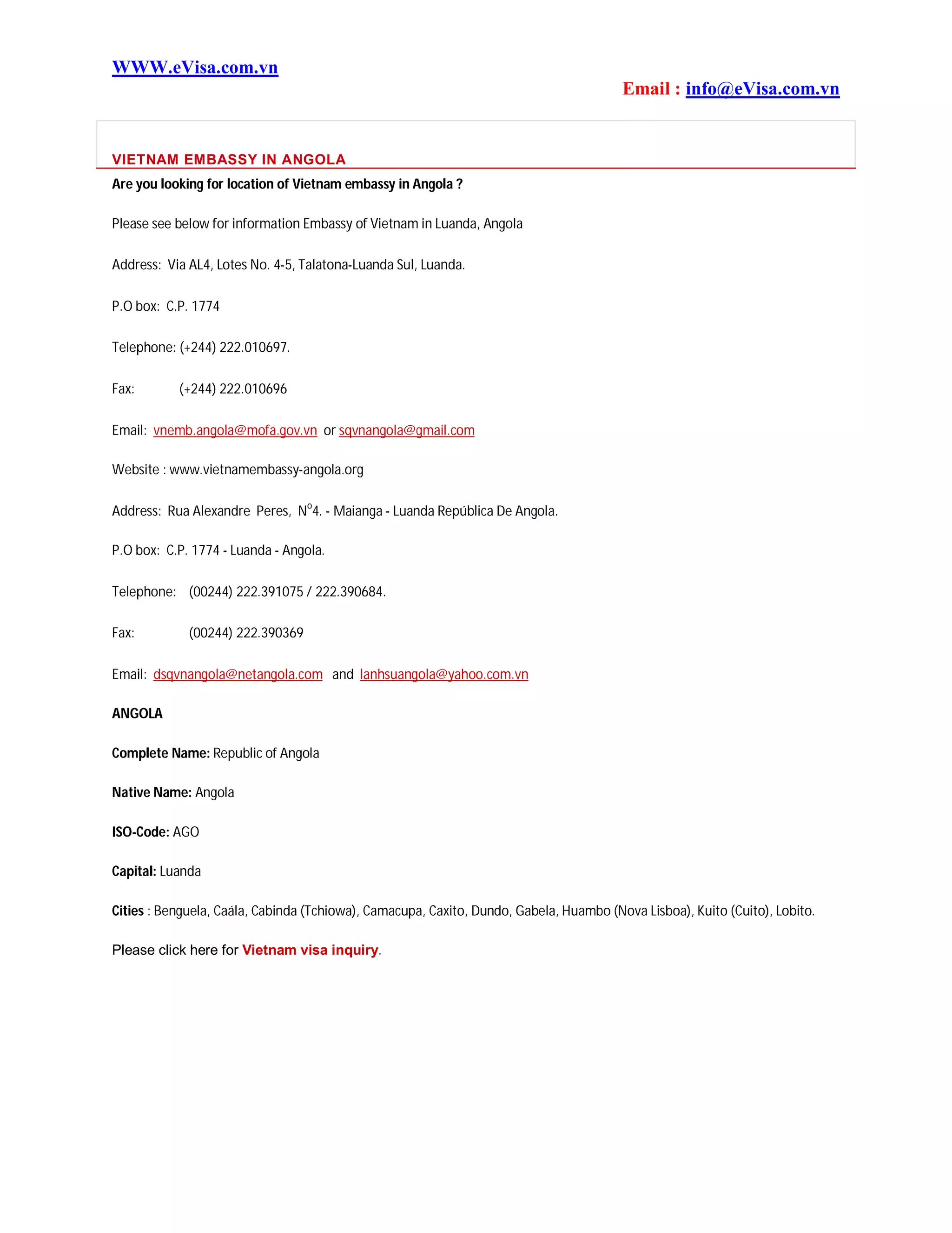 Vietnam embassy in angola | PDF | Travel