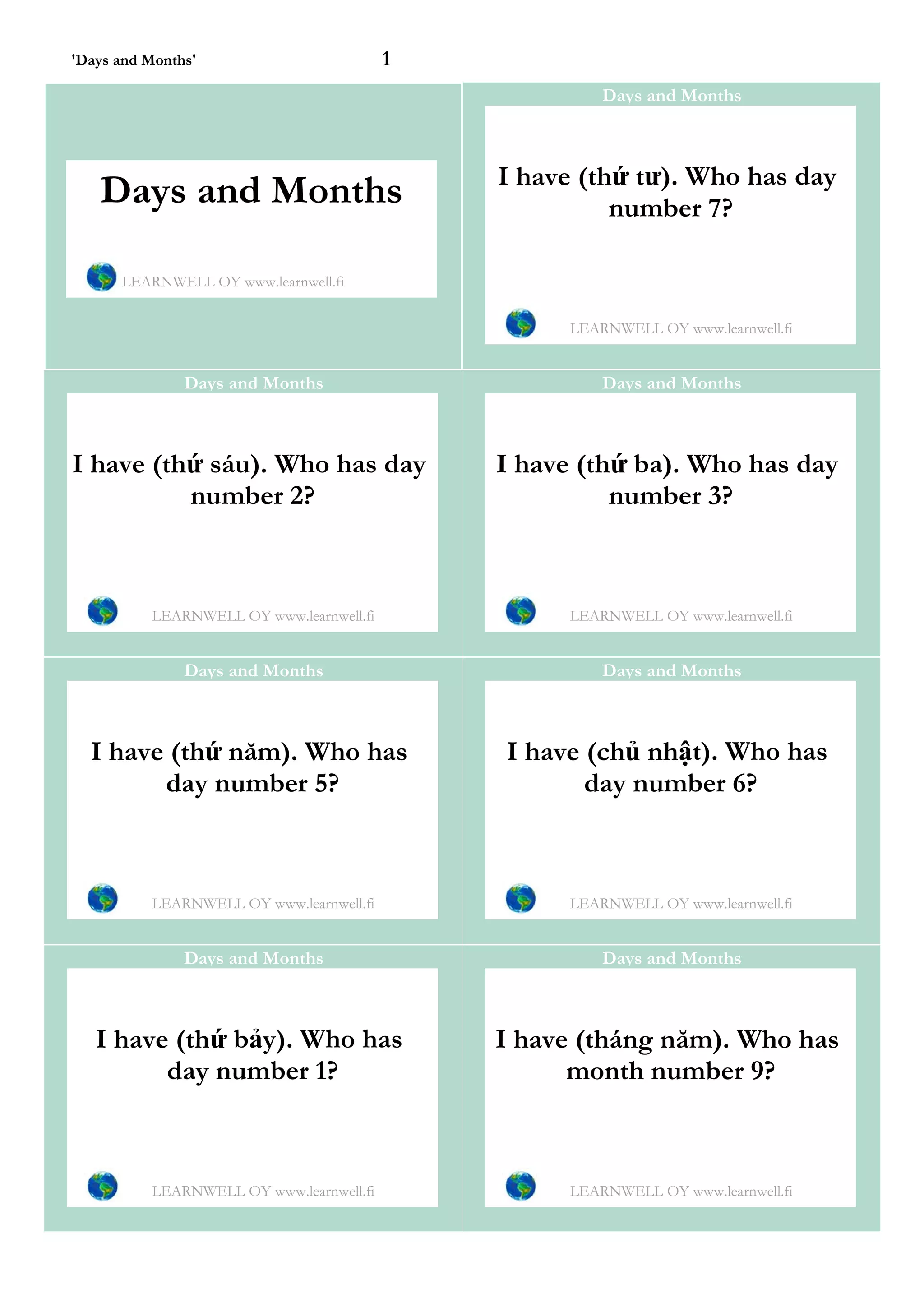 "Days and Months" Vietnamese - English cards | PDF