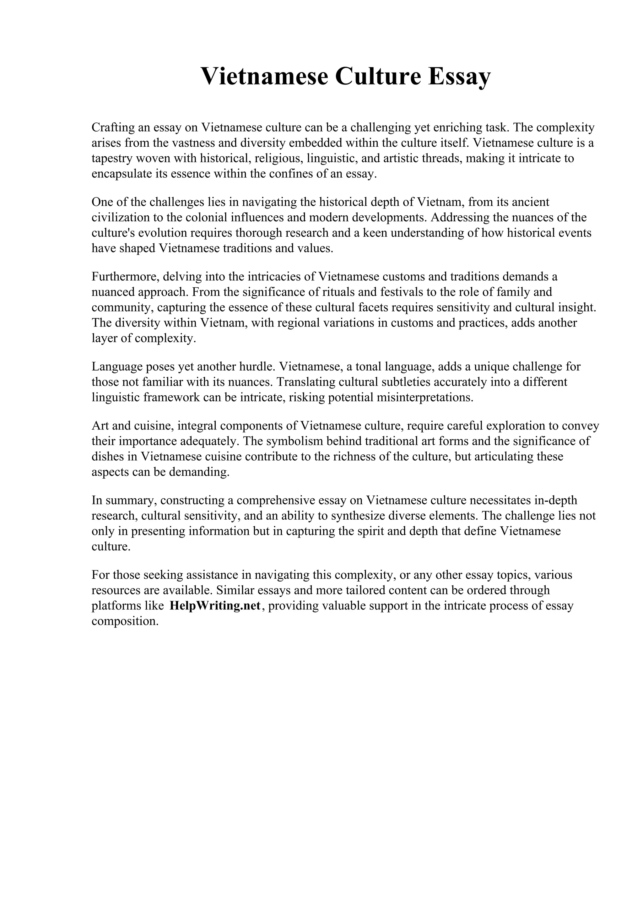 Vietnamese Culture Essay. Cheyney University of Pennsylvania | PDF