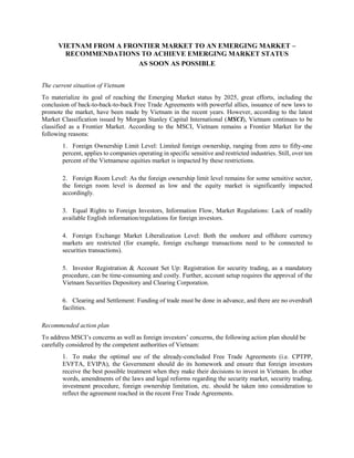 VIETNAM FROM A FRONTIER MARKET TO AN EMERGING MARKET – RECOMMENDATIONS ...