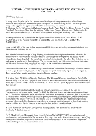 VIETNAM – LATEST GUIDE TO CONTRACT MANUFACTURING AND TOLLING AGREEMENTS ...