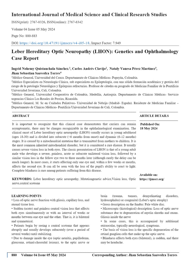 Leber Hereditary Optic Neuropathy (LHON): Genetics and Ophthalmology Case Report | PDF