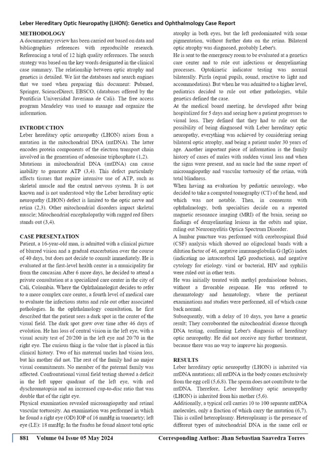 Leber Hereditary Optic Neuropathy (LHON): Genetics and Ophthalmology Case Report | PDF