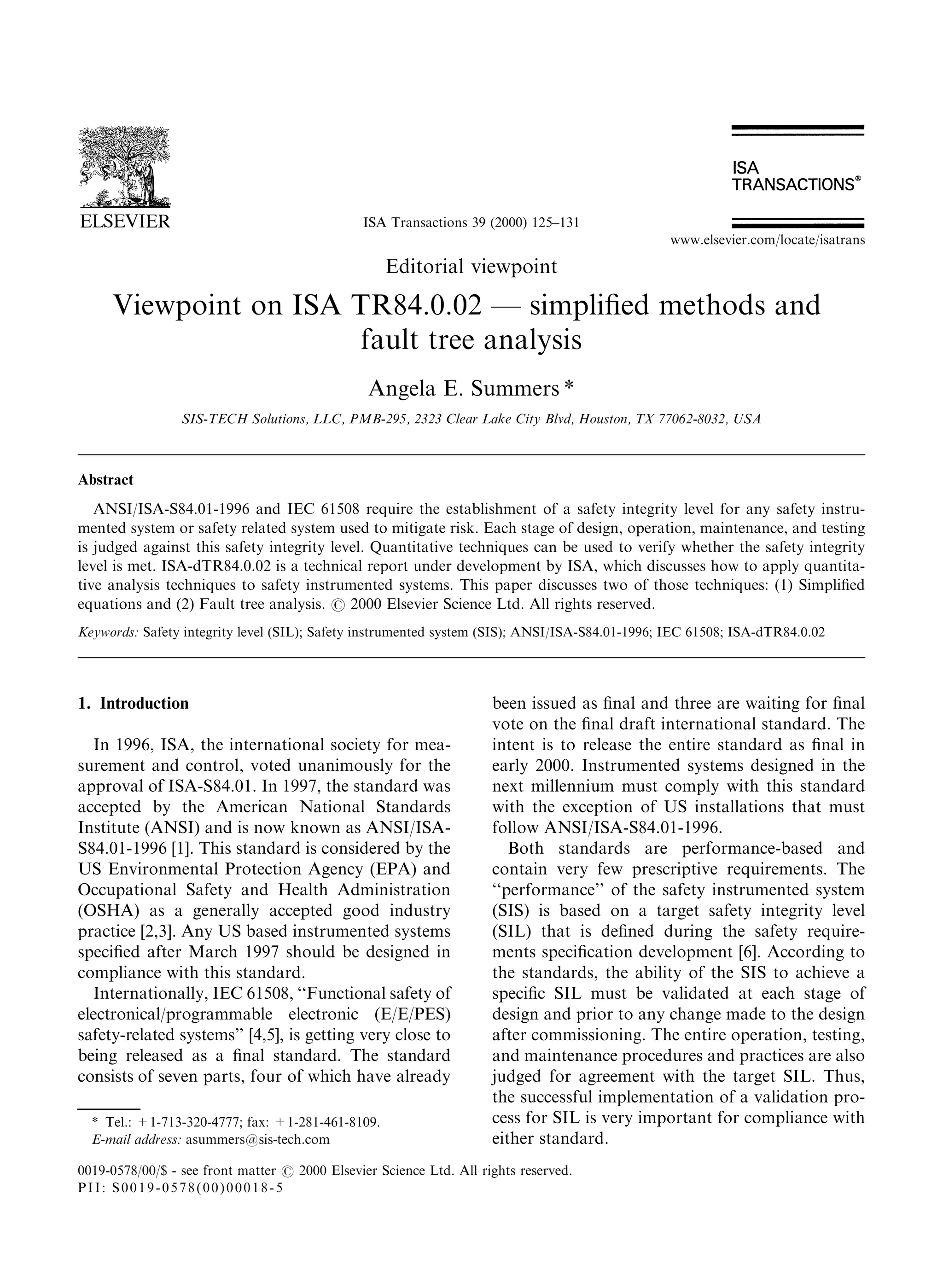 Viewpoint on ISA TR84.0.02 - simplified methods and fault tree analysis ...