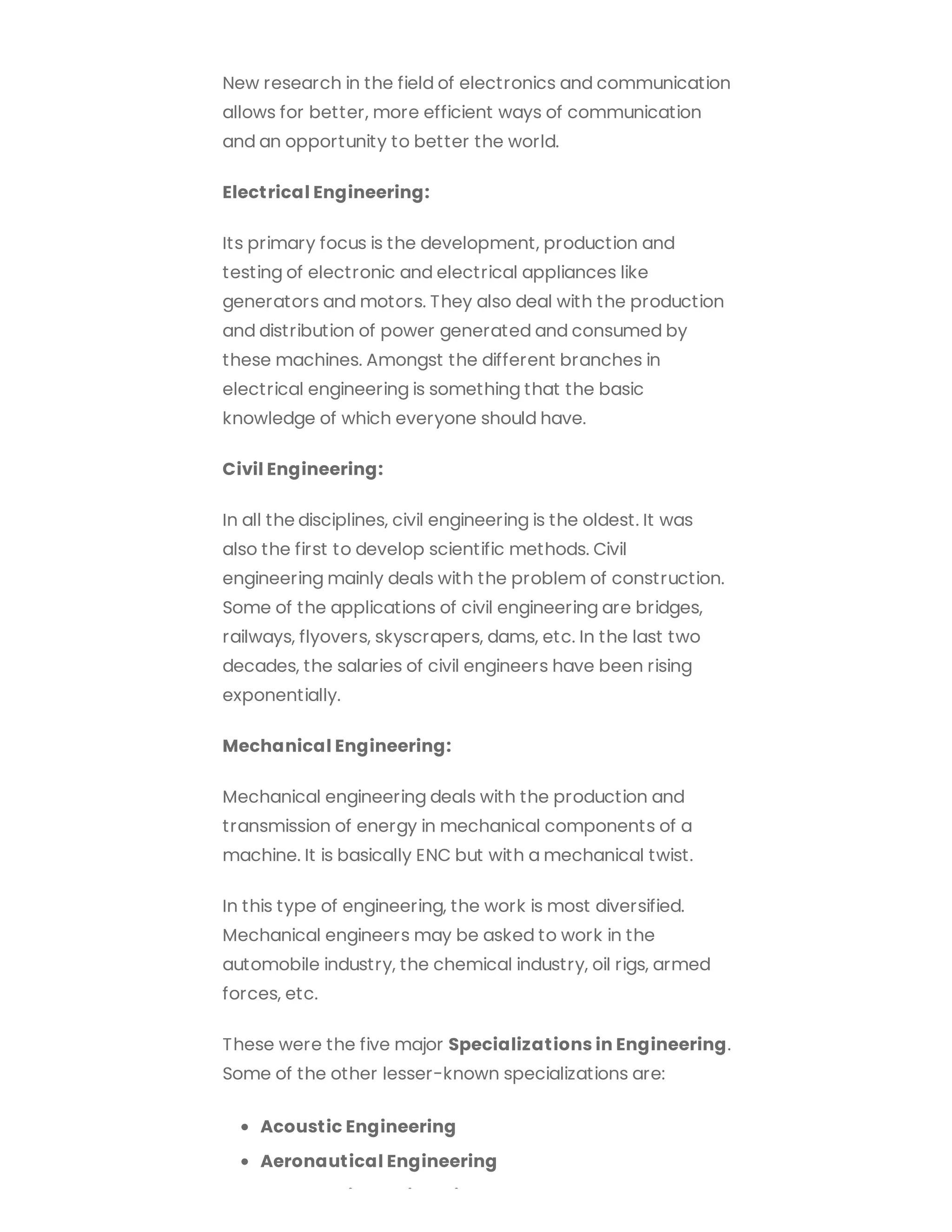 Different Specializations in Engineering | PDF