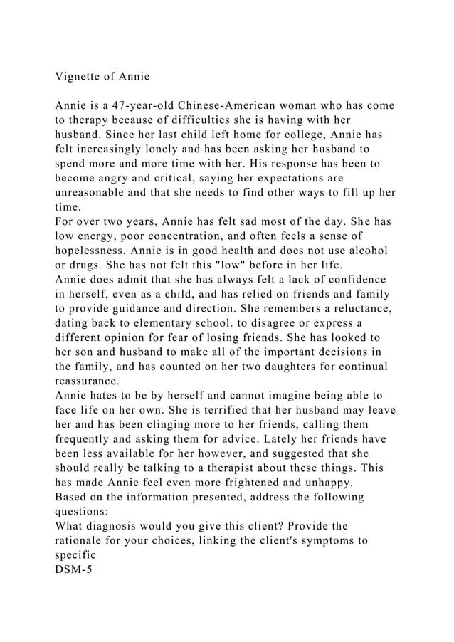 Vignette of AnnieAnnie is a 47-year-old Chinese-American woman w.docx