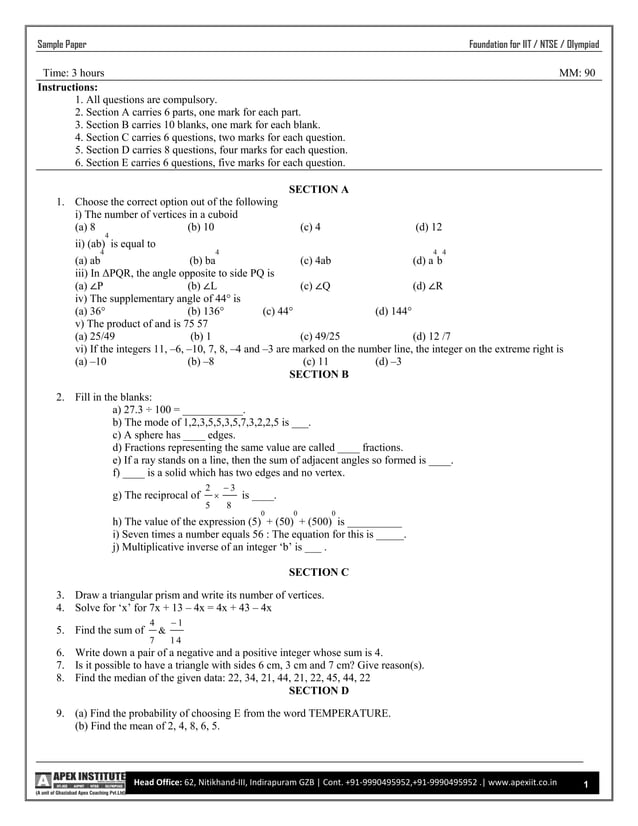 SUMMATIVE ASSESSMENT-II MATHS SAMPLE TEST | PDF