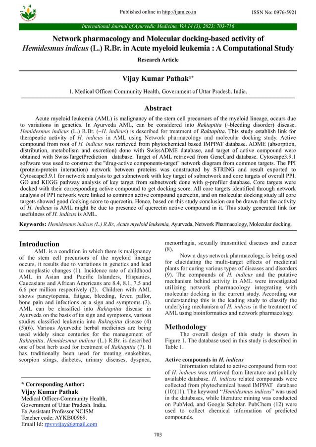 Network pharmacology and Molecular docking-based activity of Hemidesmus indicus (L.) R.Br. in ...