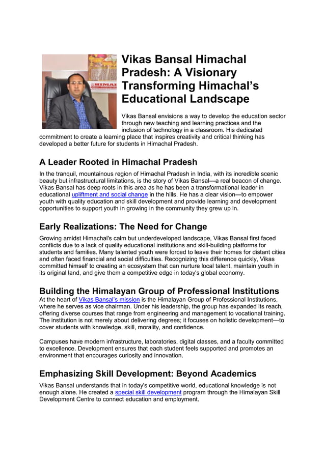 Vikas Bansal Himachal Pradesh: A Visionary Transforming Himachal’s Educational Landscape | PDF