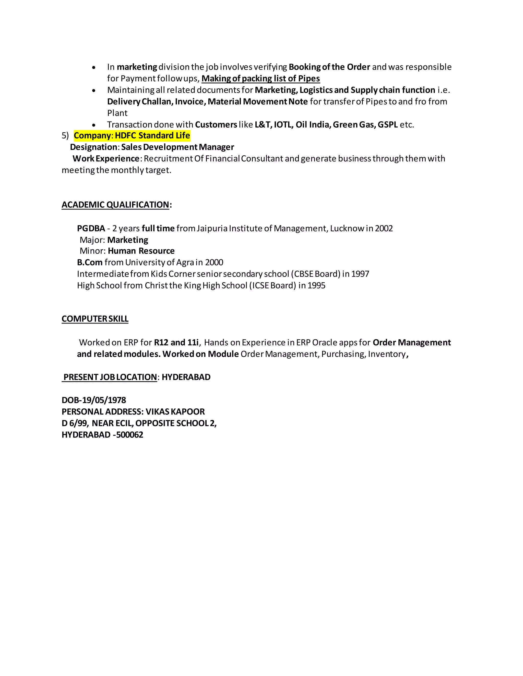 Vikas kapoor resume | DOCX | Information Services Industry | Industries