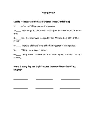 Viking britain worksheet | DOCX