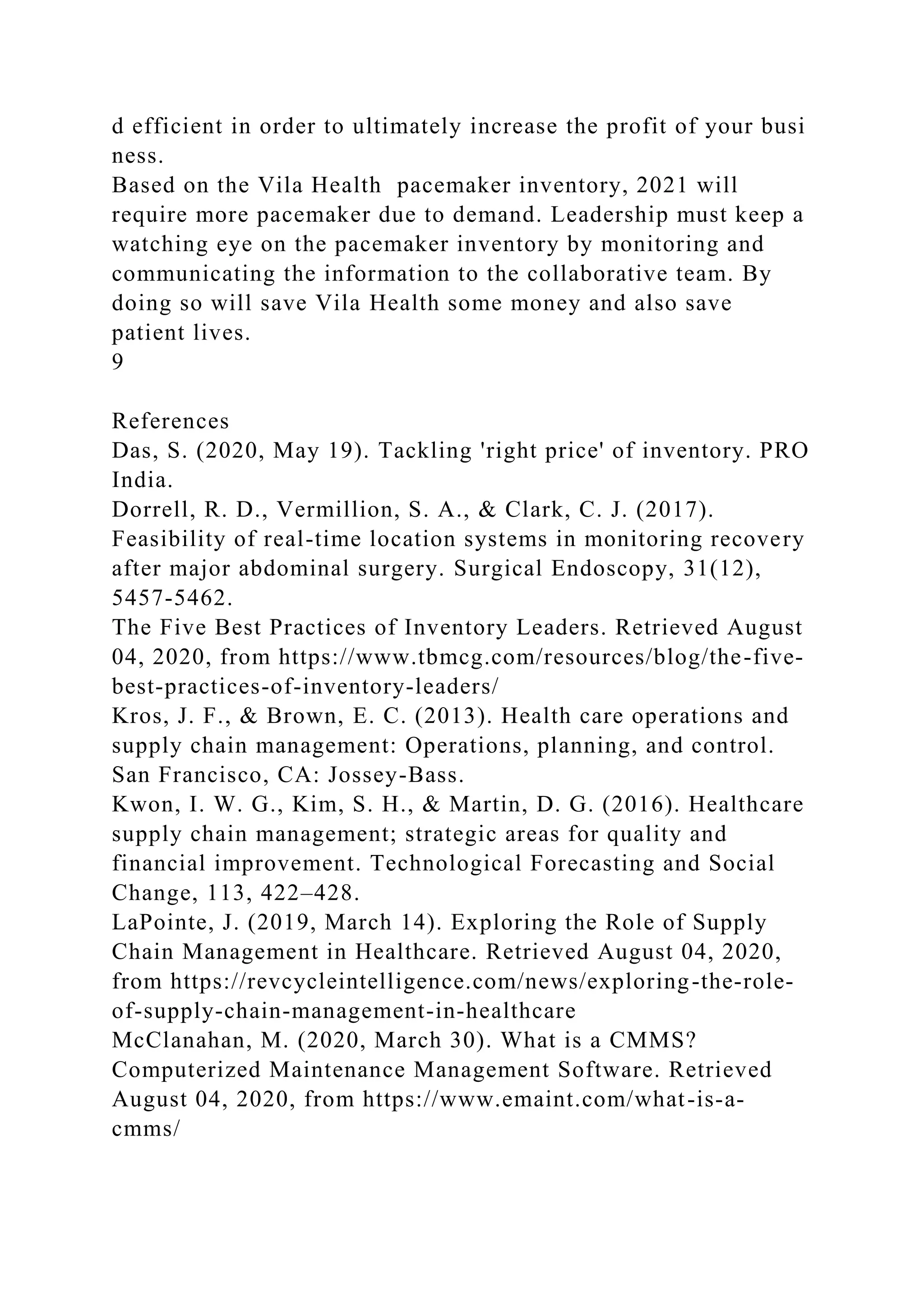 VILA HEALTH PACEMAKER INVENTORY Jon DoeBHA4110.docx