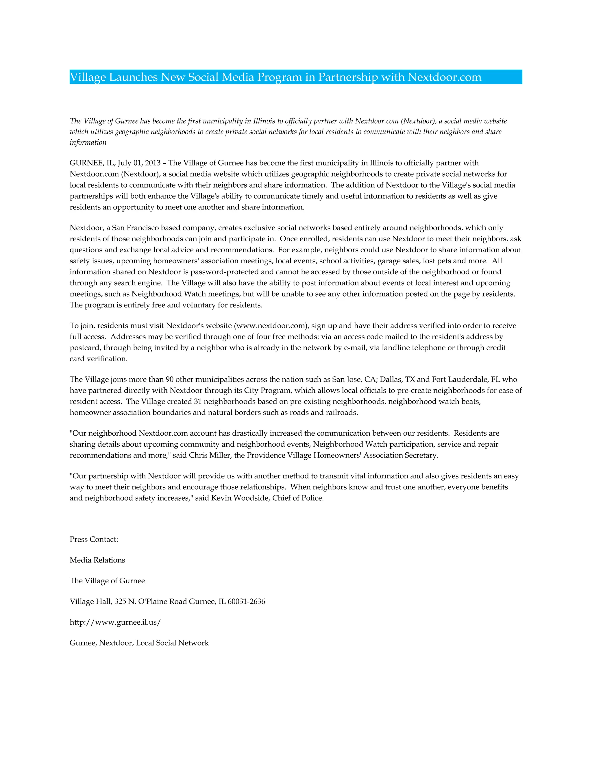 Village launches new social media program in partnership with nextdoor | DOC