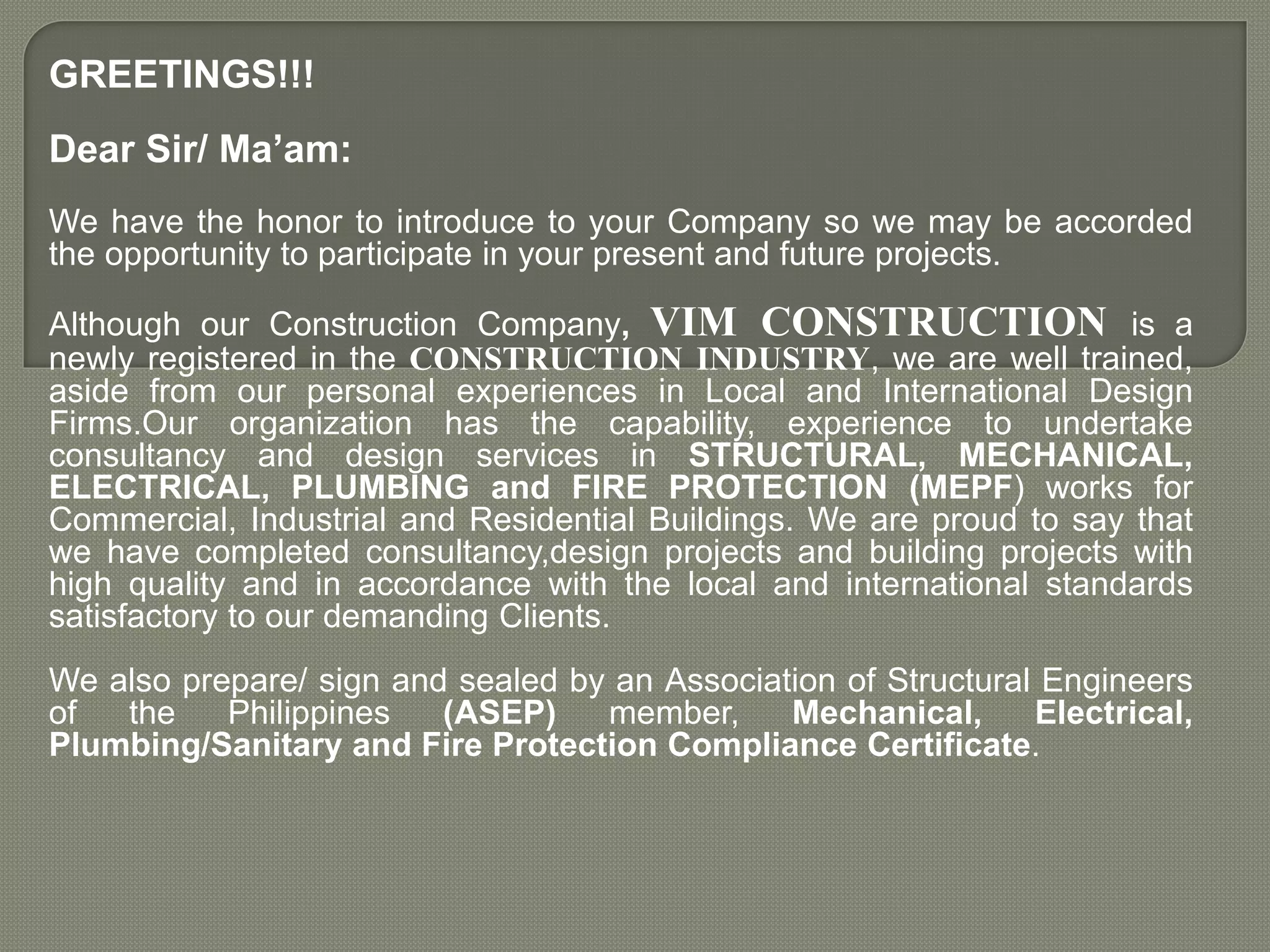 Vim Construction Company Profile | PPTX
