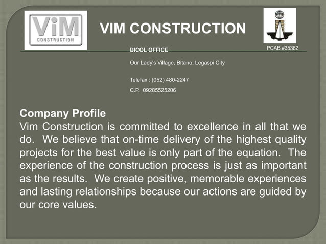 Vim Construction Company Profile | PPTX | Construction Industry | Industries