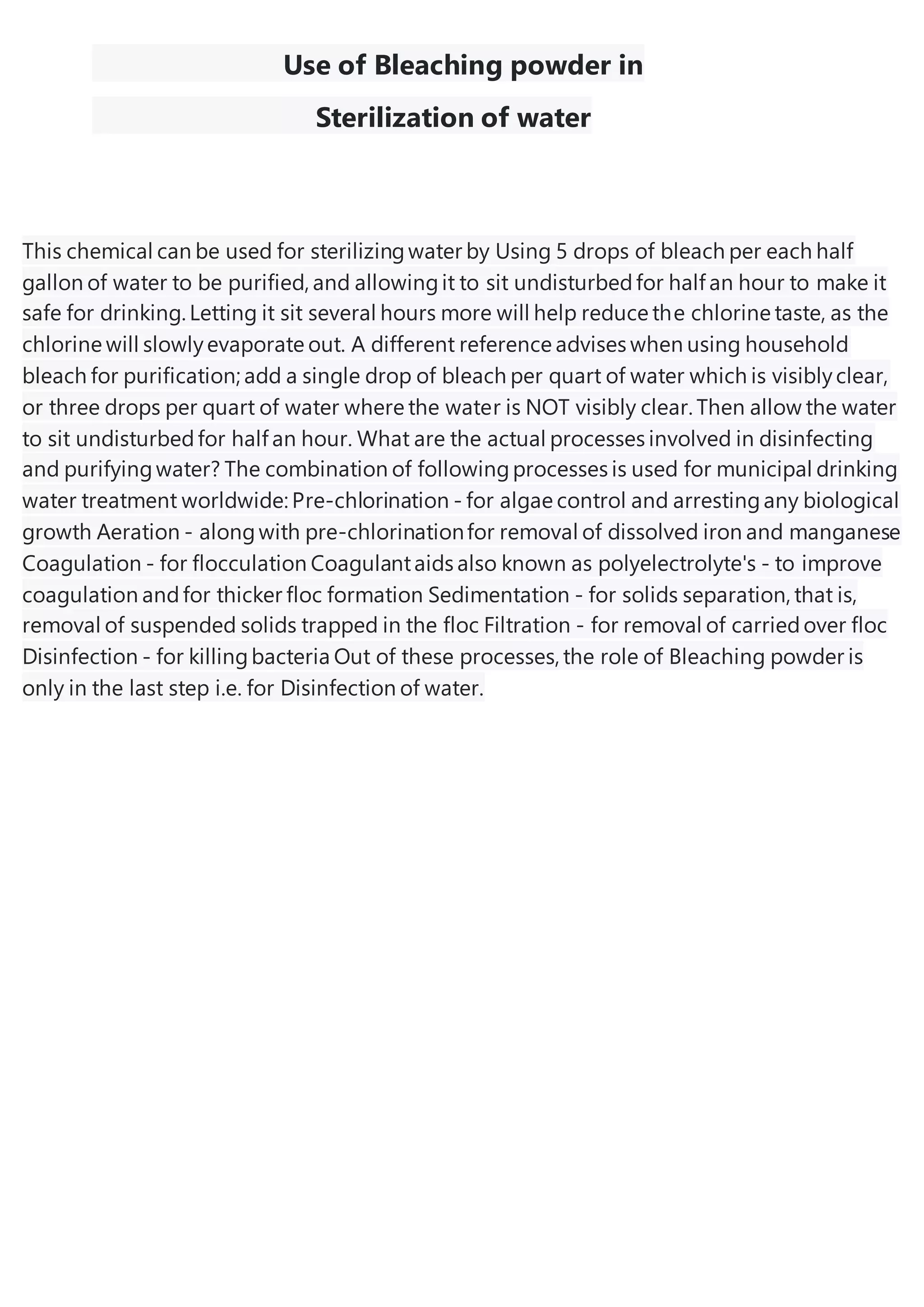 STERELISATION OF WATER WITH BLEACHING POWDER | DOCX