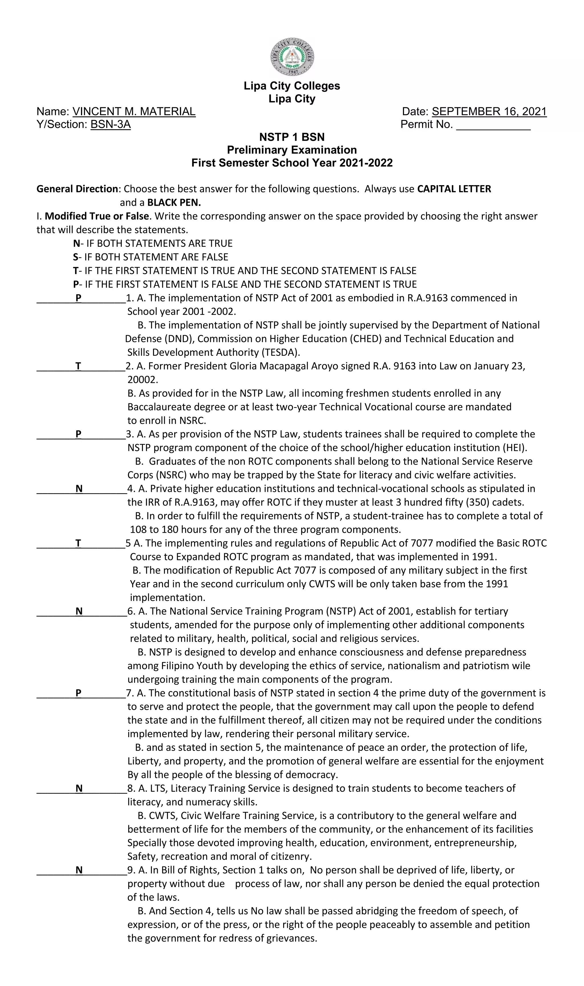 (VINCENT M. MATERIAL) PRELIMINARY EXAM NEW NSTP 1 2021-2022 1st ...