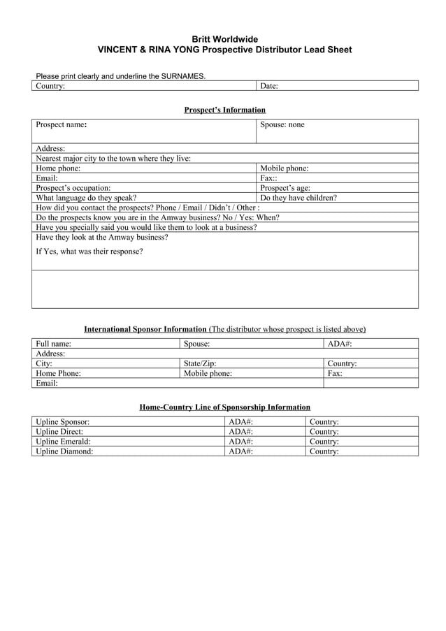 Vincent rina international lead form (blank) | PDF