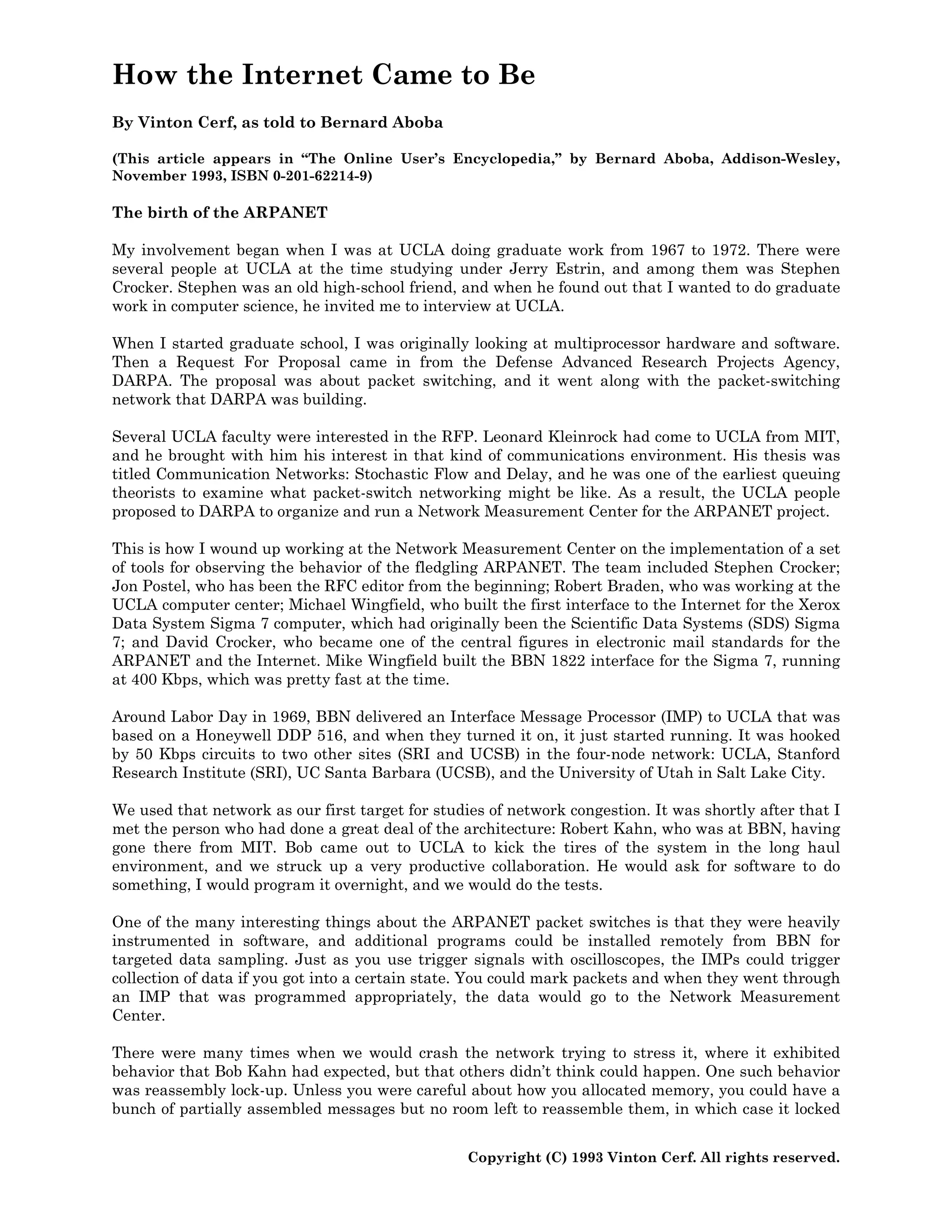 Vinton Cerf Birth Of The Internet | PDF
