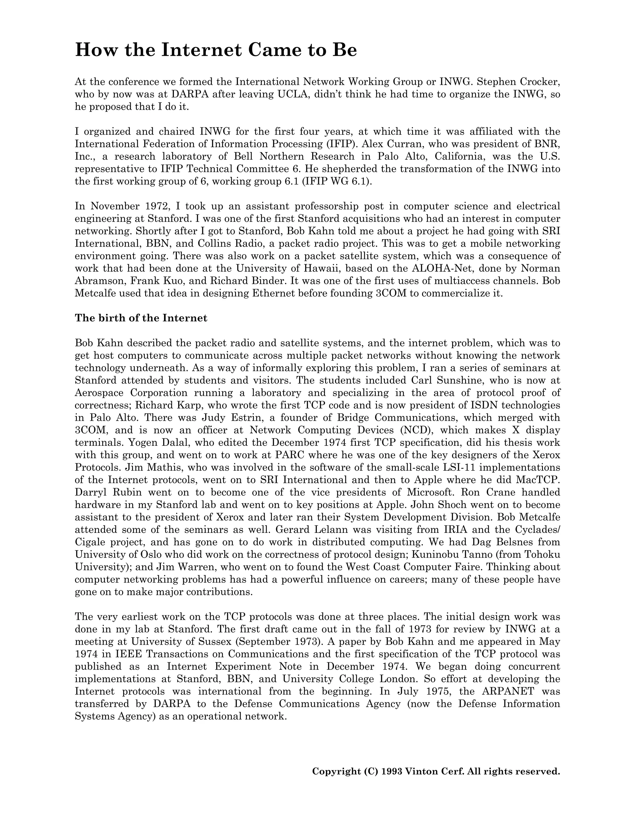 Vinton Cerf Birth Of The Internet | PDF