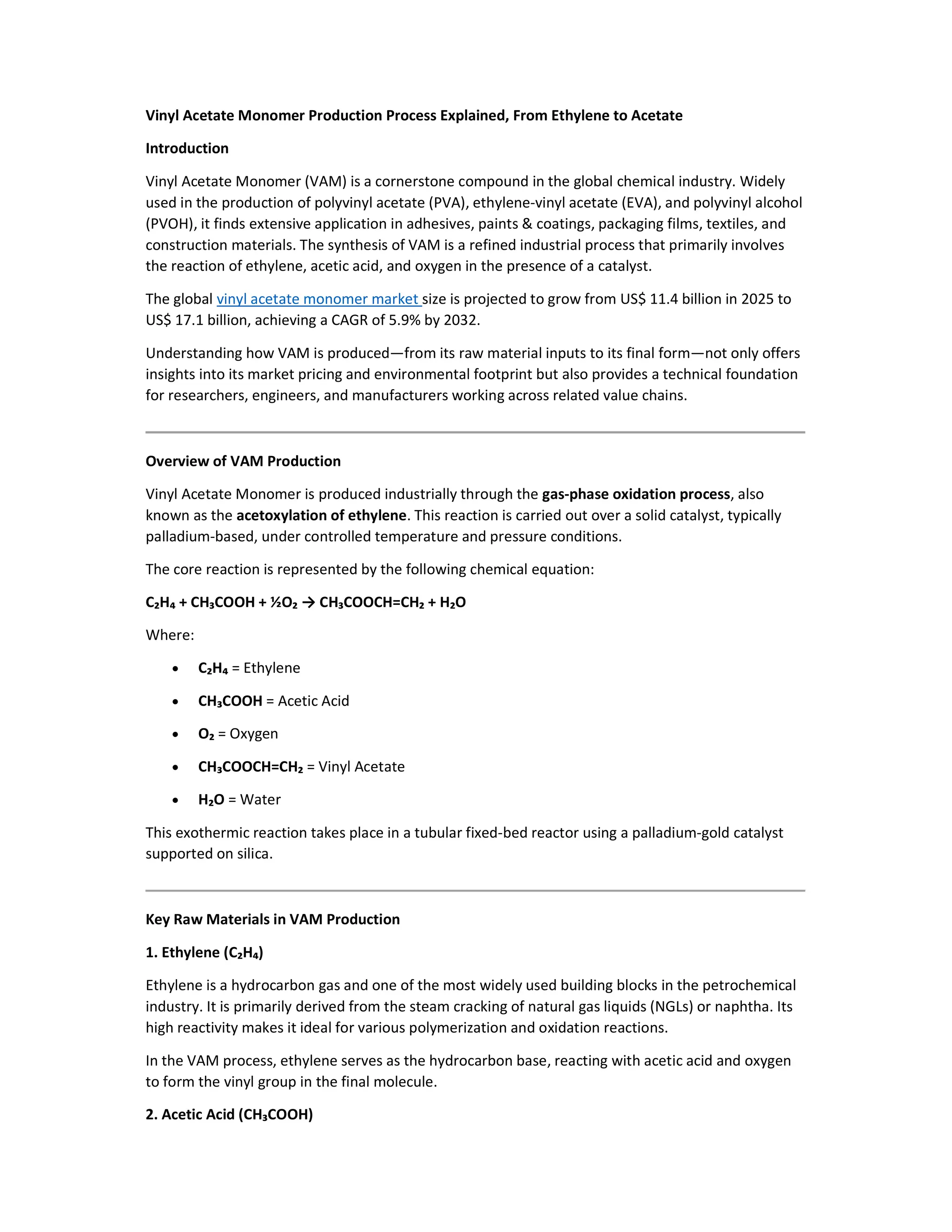 Vinyl Acetate Monomer Production Process Explained, From Ethylene to Acetate | PDF
