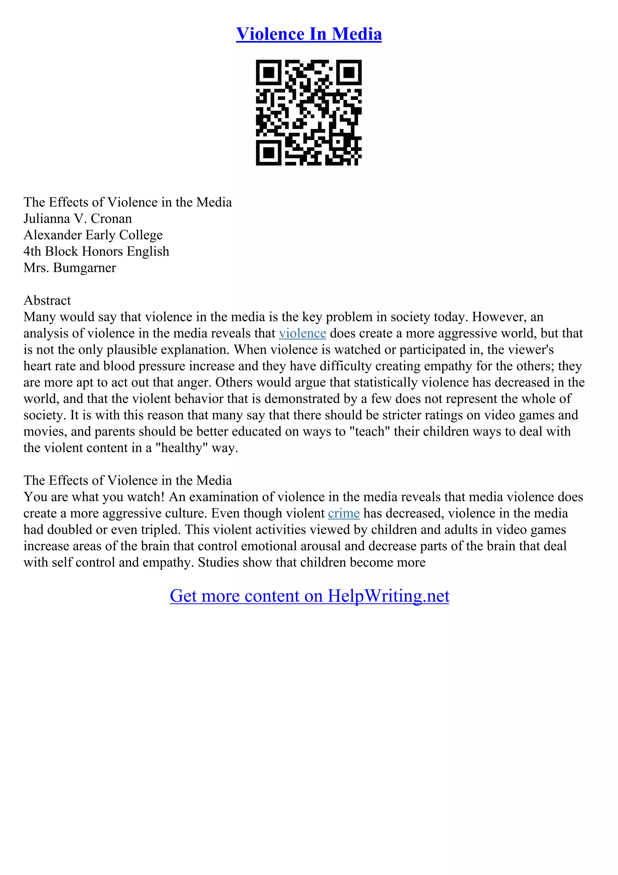 Violence In Media Essay | PDF