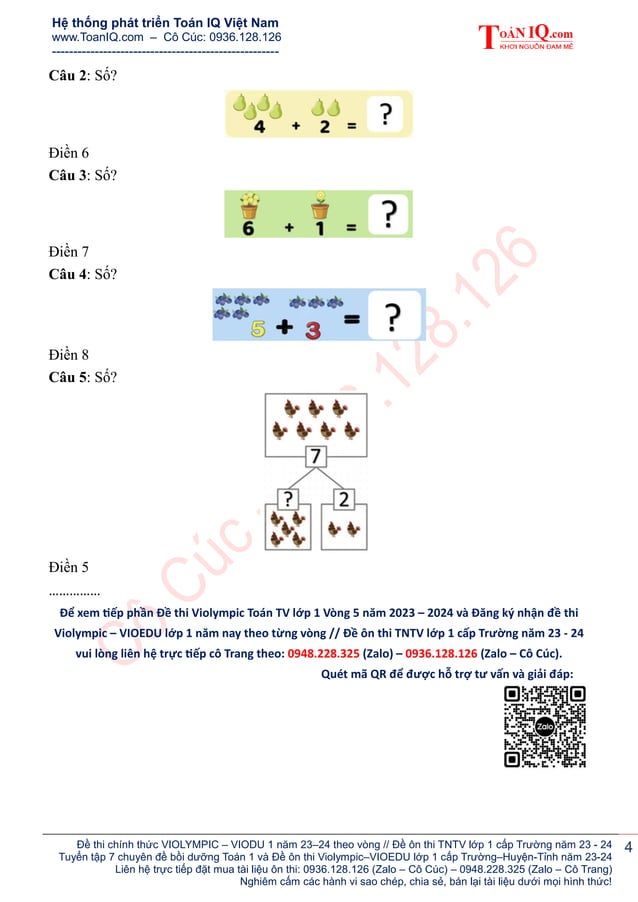 Violympic Toán Tiếng Việt lớp 1 Vòng 5 năm 2023 - 2024 (Đề thi và Hướng dẫn giải) | PDF