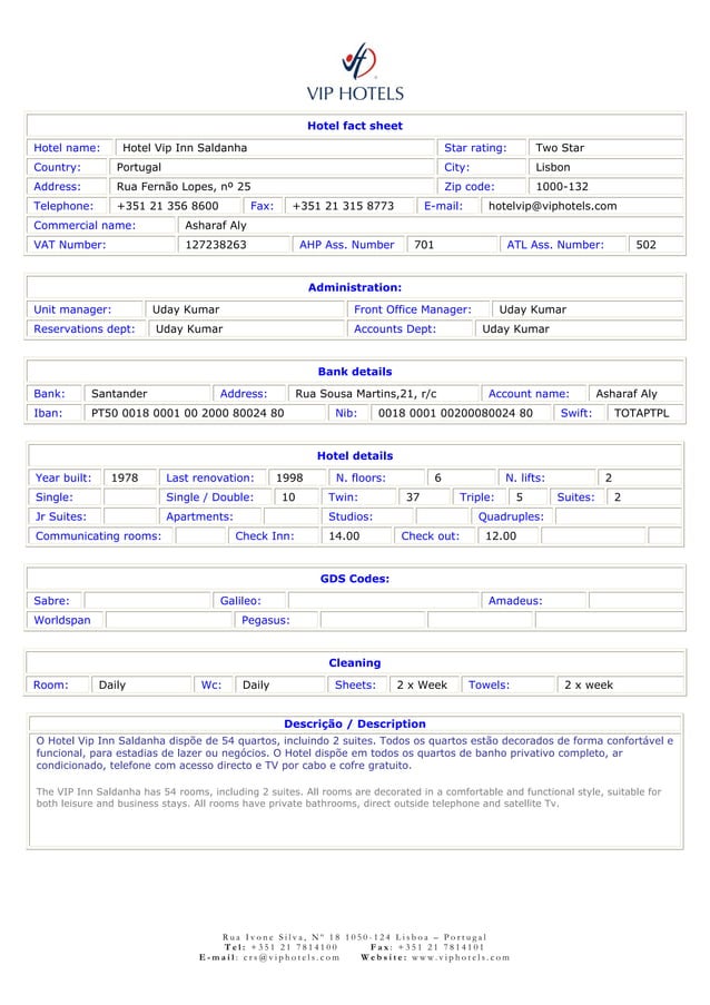 Vip Hotel Fact Sheet | PDF