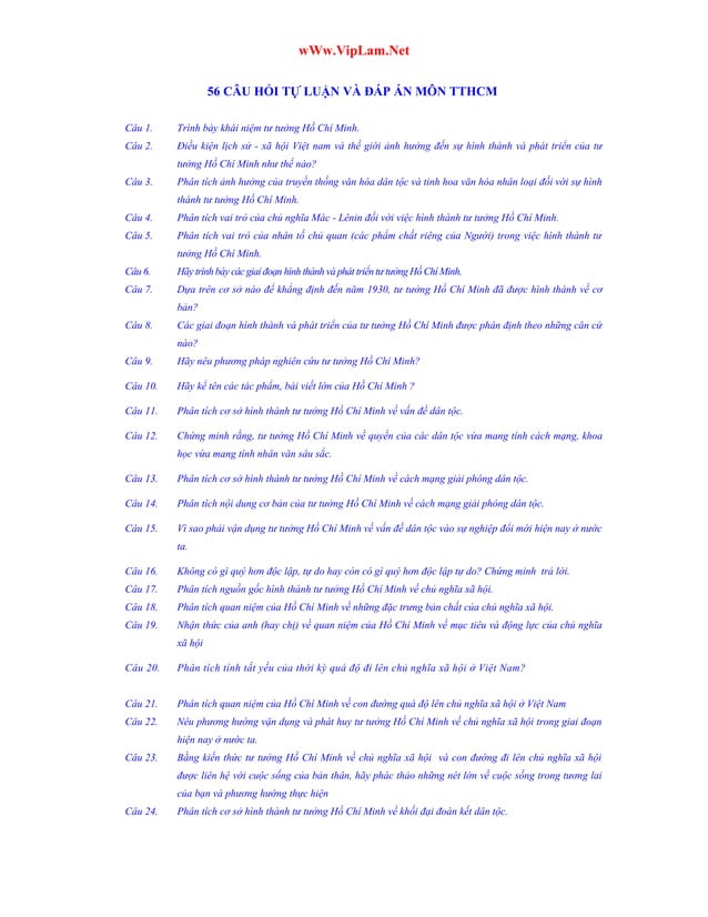 56 câu hỏi tự luận và đáp án chi tiết Tư Tưởng Hồ Chí Minh | DOC
