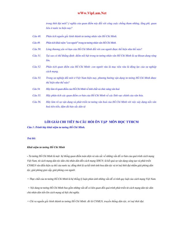 56 câu hỏi tự luận và đáp án chi tiết Tư Tưởng Hồ Chí Minh | DOC