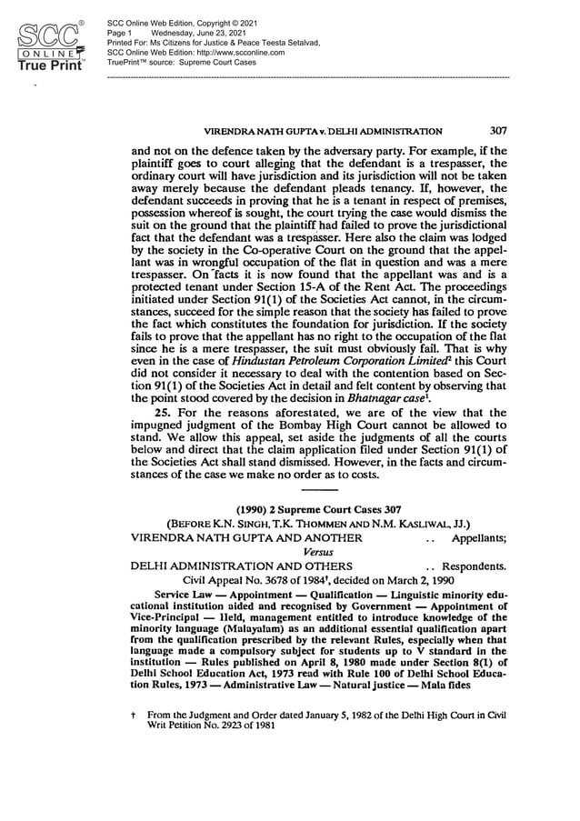 Virendra nath gupta vs delhi administration 1990 2 scc_307 | PDF