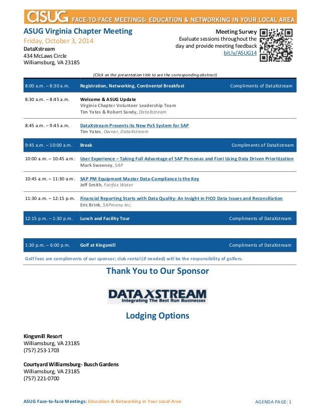 ASUG Virginia Chapter meeting 10.3.14 agenda