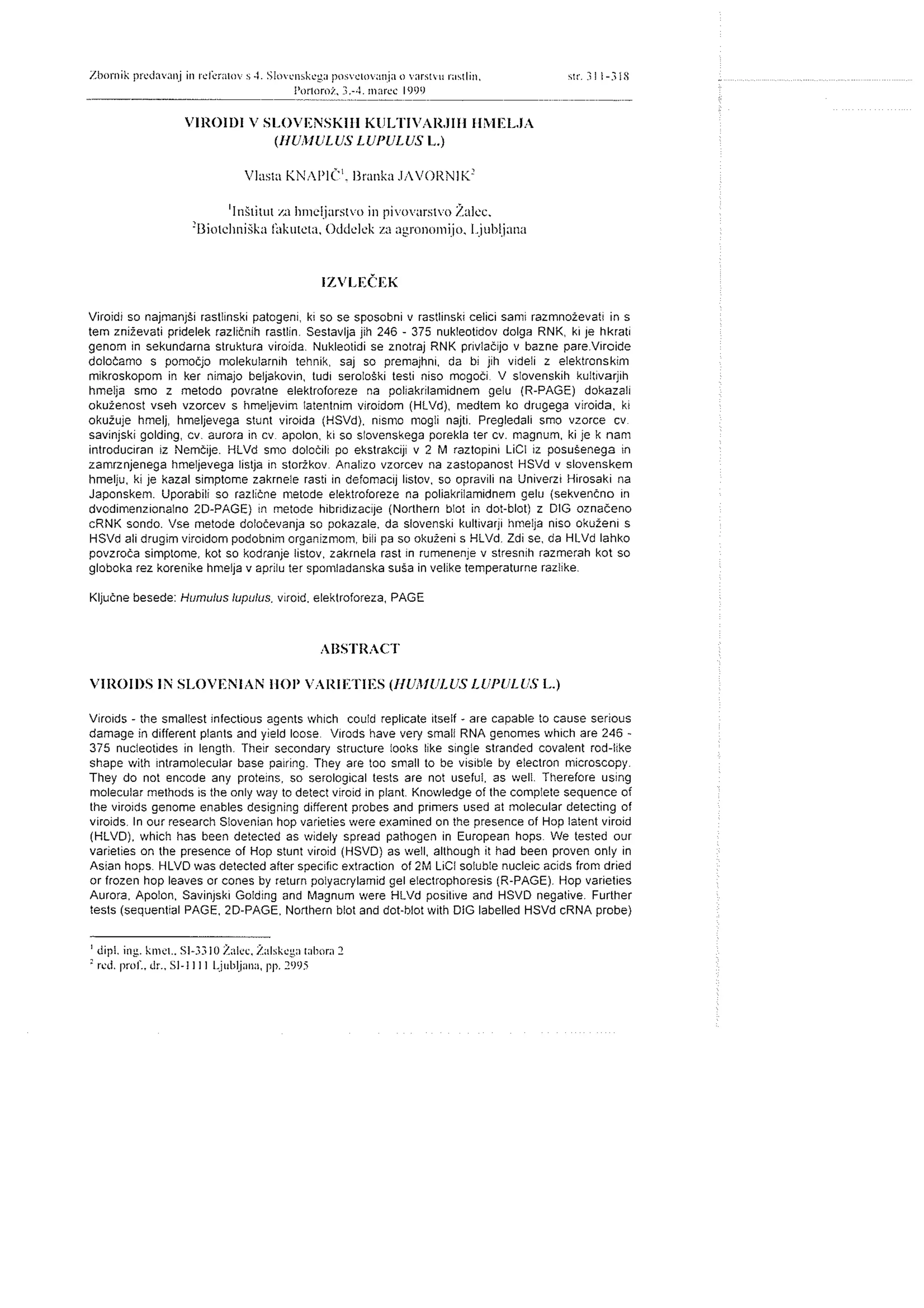 Viroidi v slovenskih kultivarjih hmelja, Knapič V. 1999 | PDF