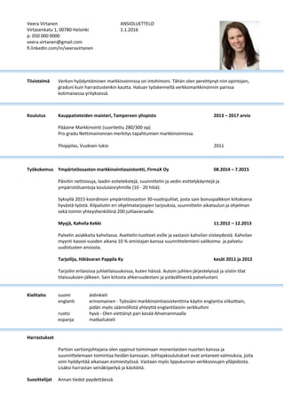Esimerkki-CV: Virtanen Veera | PDF