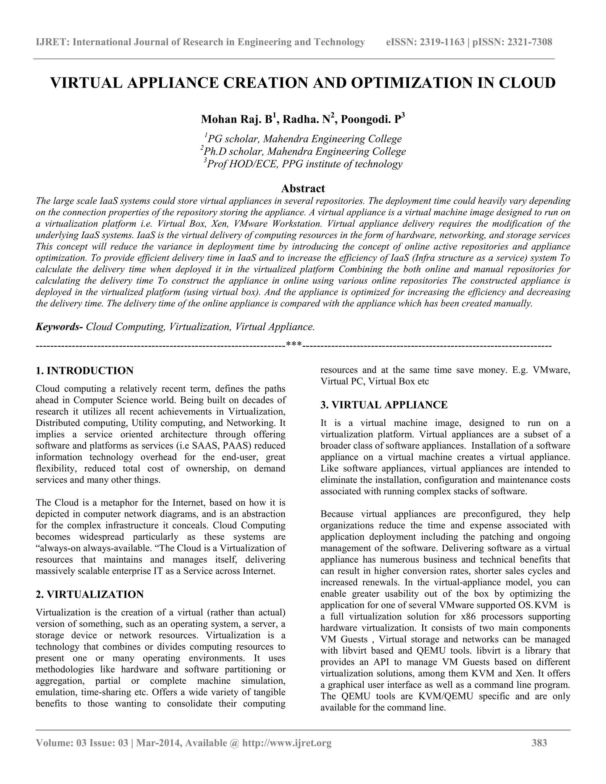 Virtual appliance creation and optimization in cloud | PDF