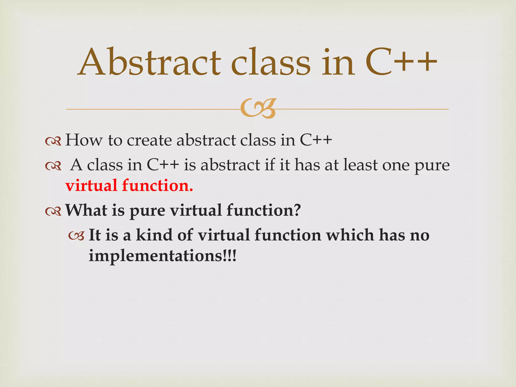 Virtual function in C++ Pure Virtual Function | PPTX | Programming Languages | Computing