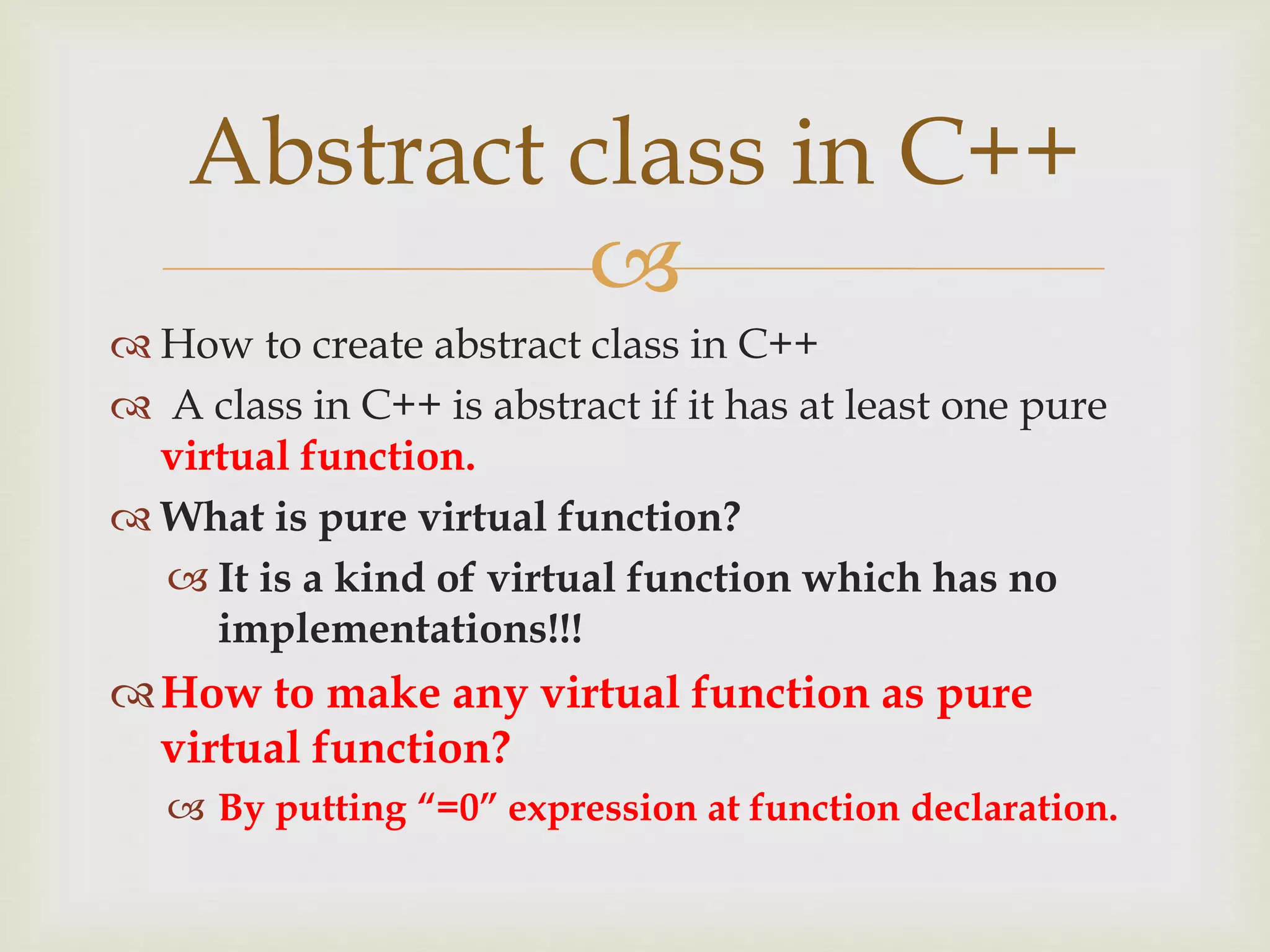 Virtual function in C++ Pure Virtual Function | PPT