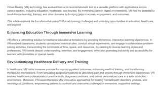 Virtual Reality Bridging Gaps in Education, Healthcare and Beyond | PPT