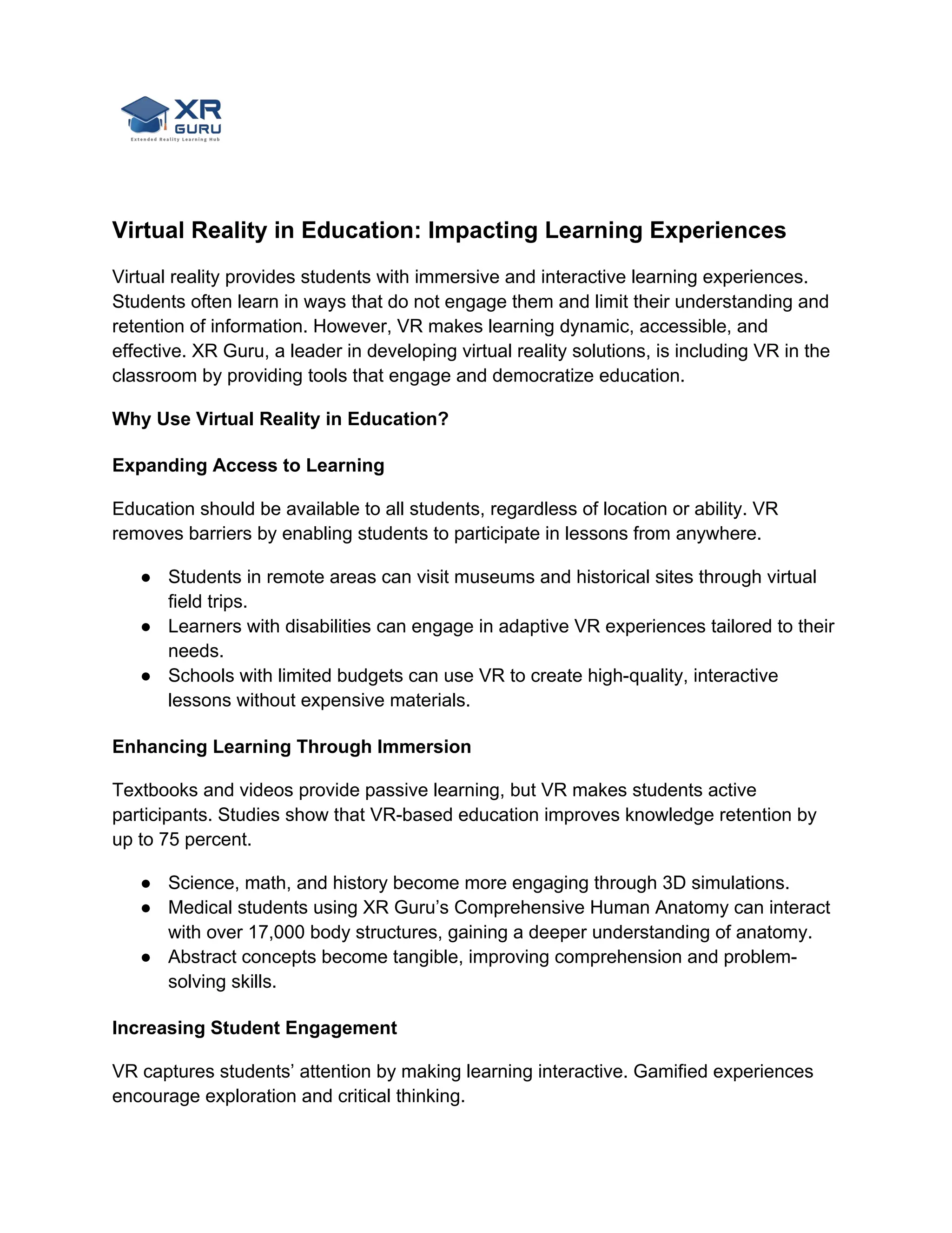 Virtual Reality in Education Impacting Learning Experiences. | DOCX