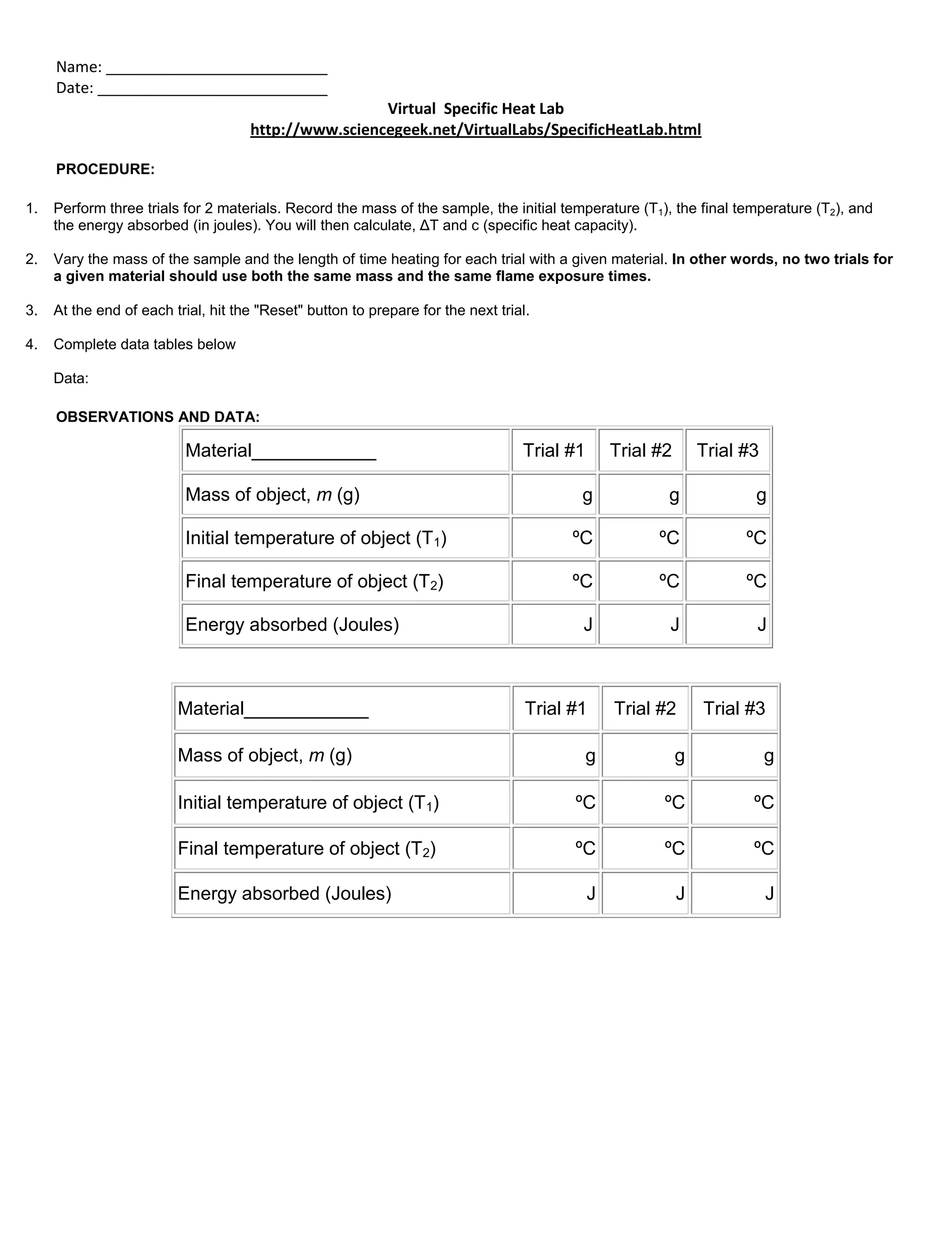 Virtual specific heat lab | PDF