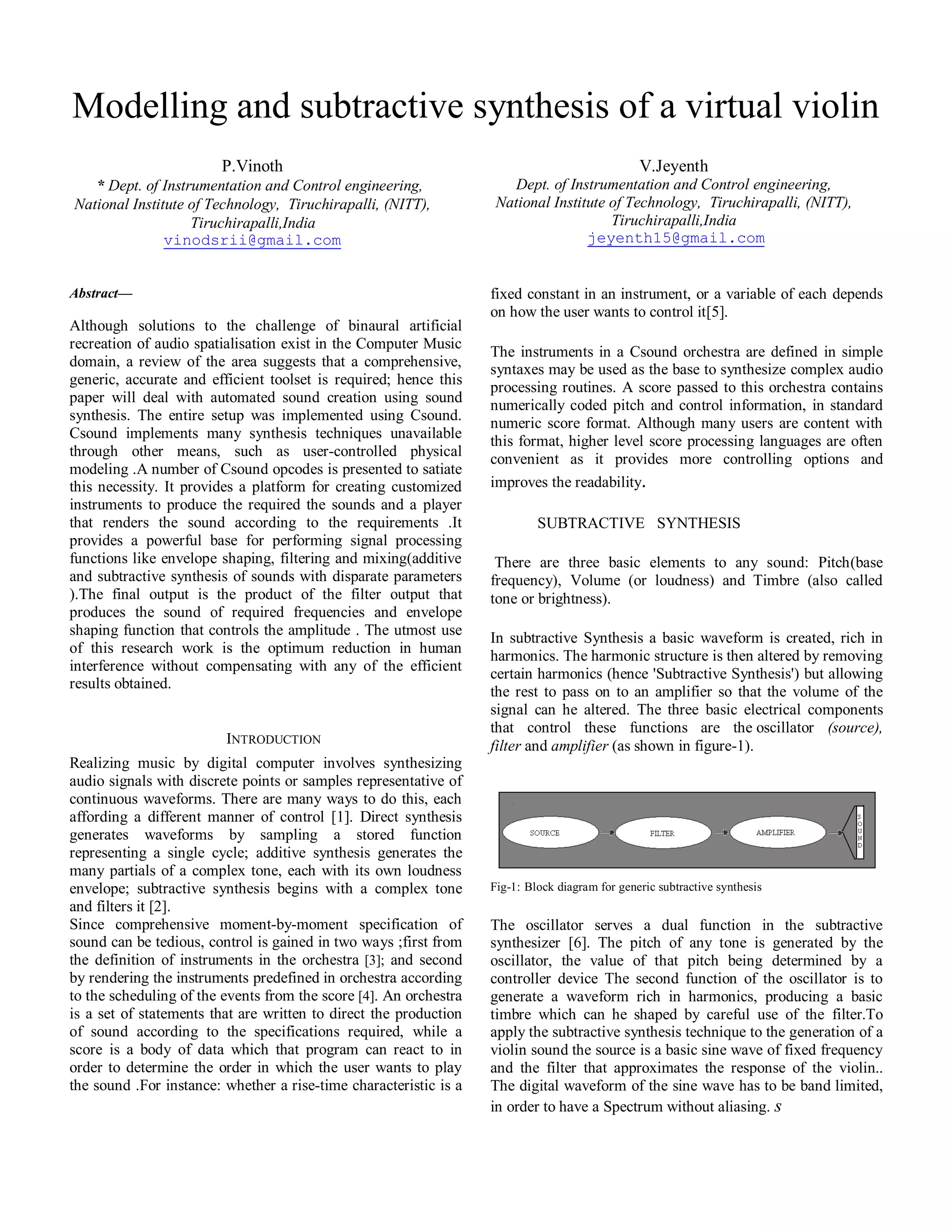 Paper on Modeling and Subtractive synthesis of virtual violin | PDF