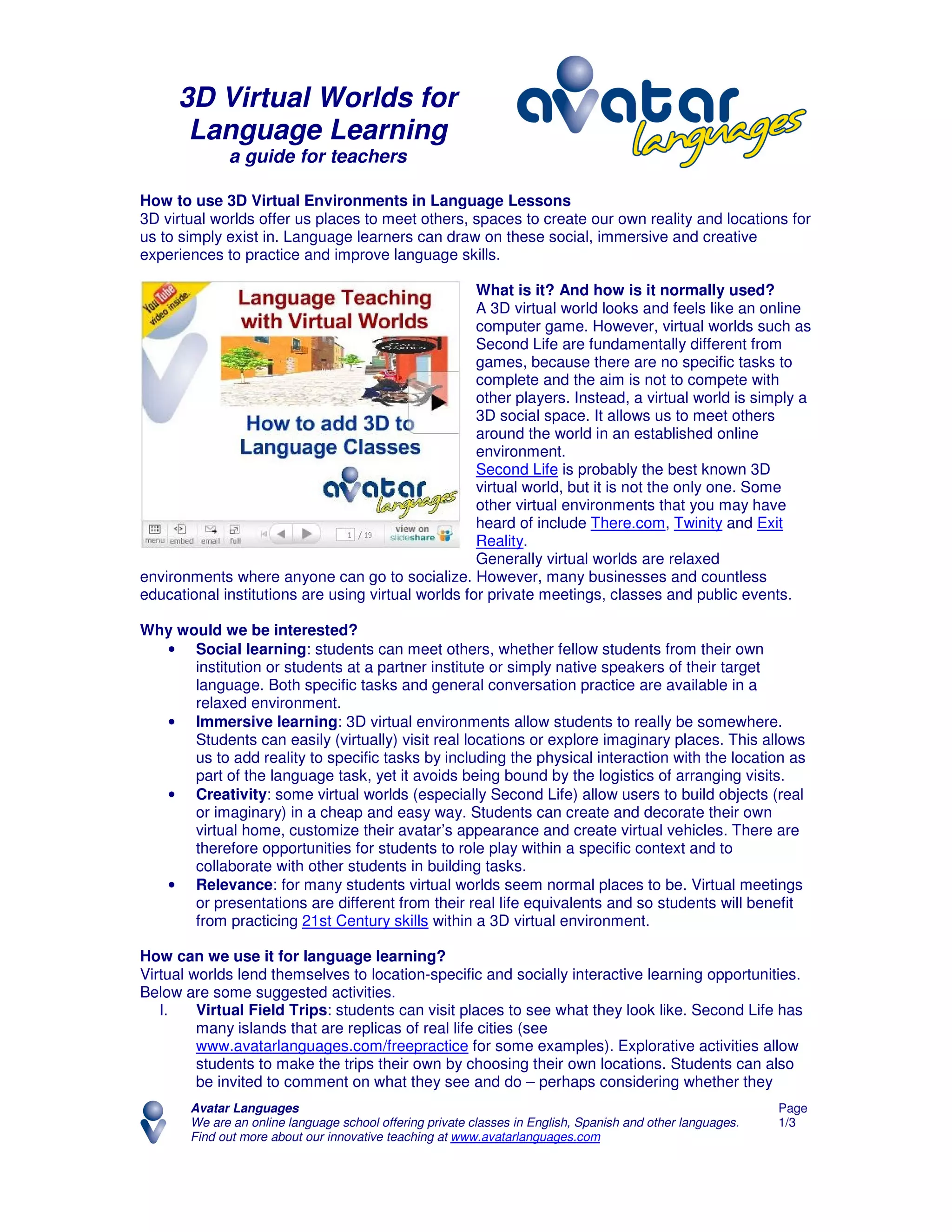 3D Virtual Worlds for Language Learning | PDF