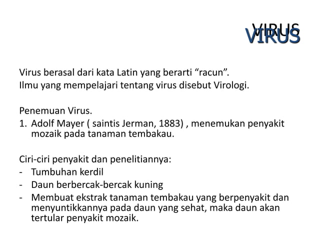 VIRUS.ppt Karakteristik/ ciri-ciri hidup Virs dan cara perkembangbiakannya | PPT