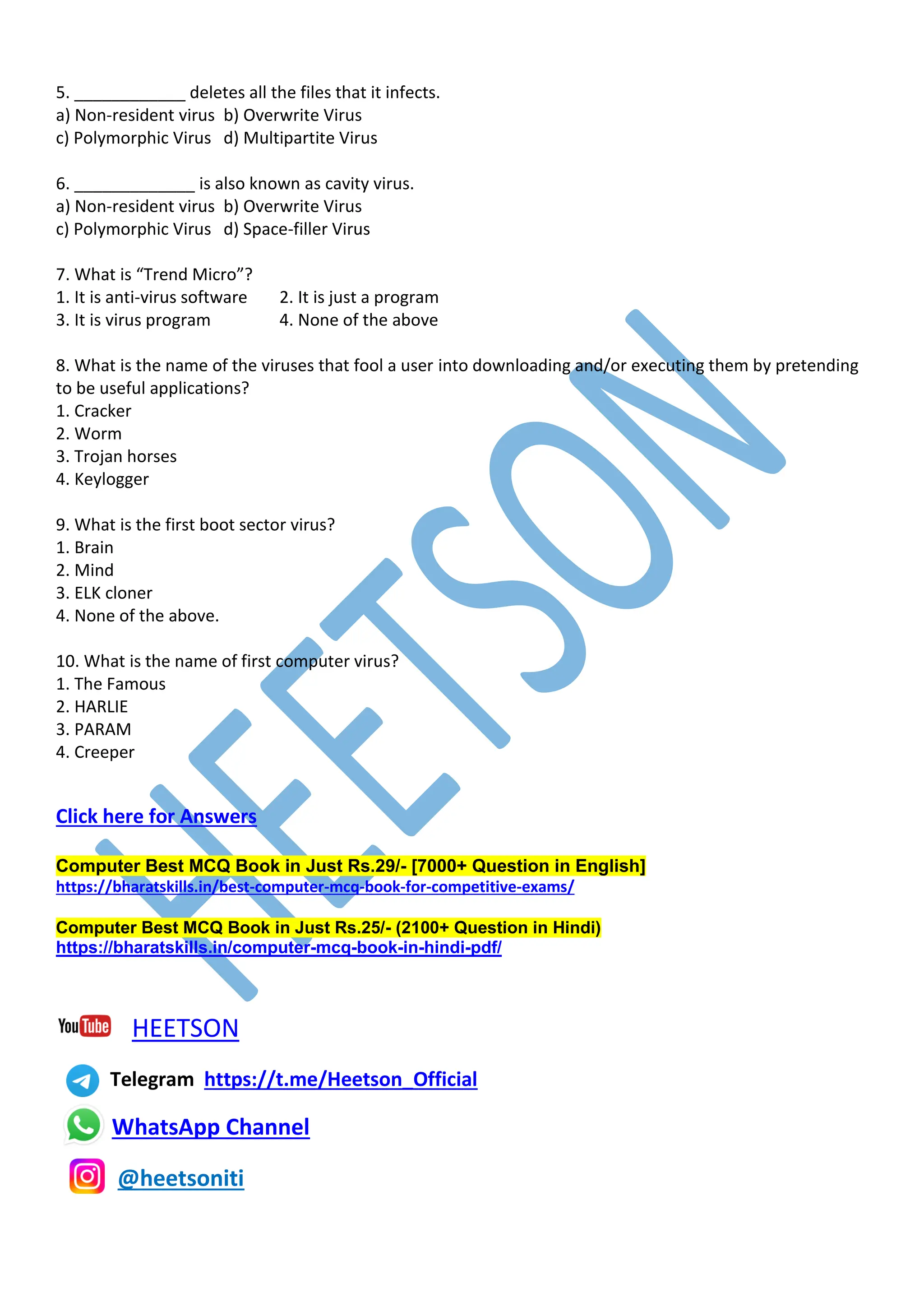 Computer Virus and Antivirus MCQ Question | PDF