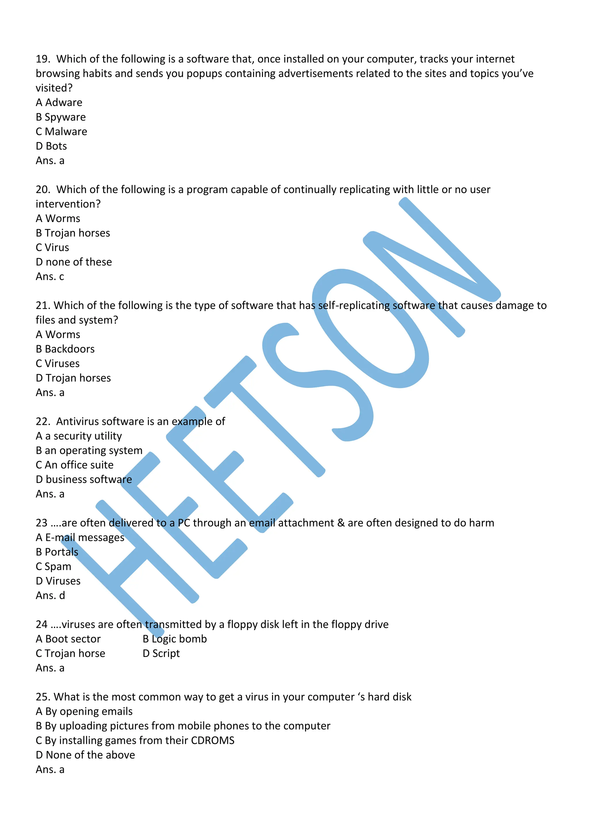 Computer Virus and Antivirus MCQ Question | PDF