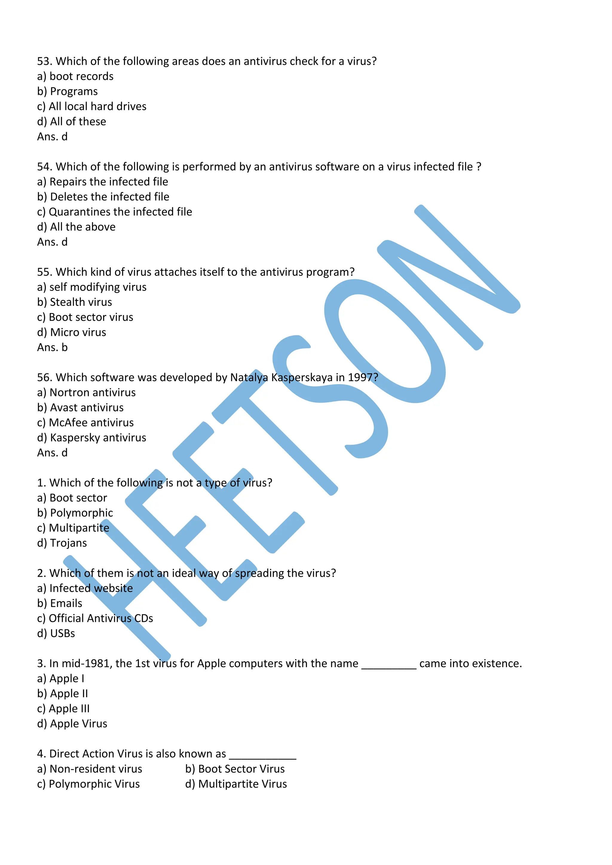 Computer Virus and Antivirus MCQ Question | PDF