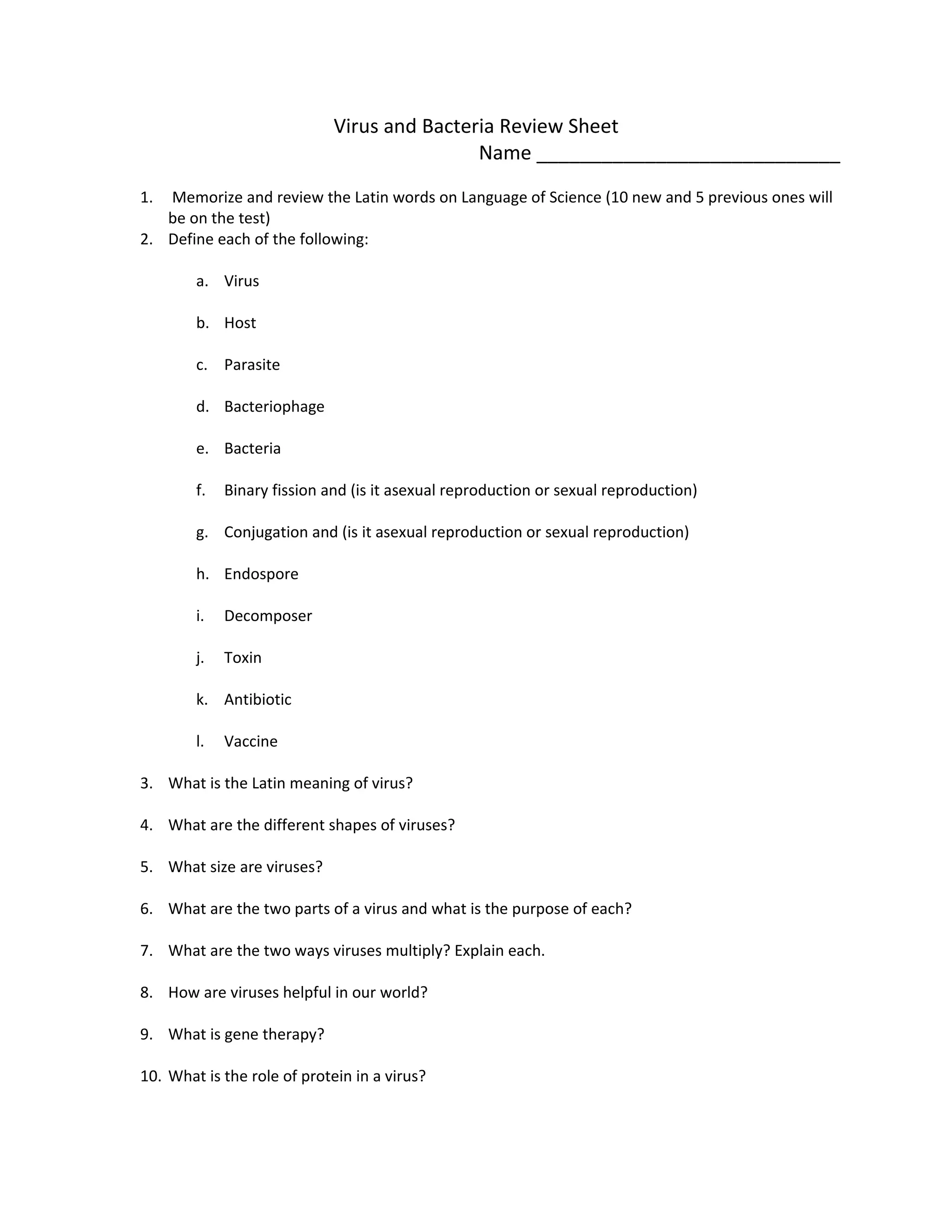 Virus And Bacteria Review Sheet | DOC