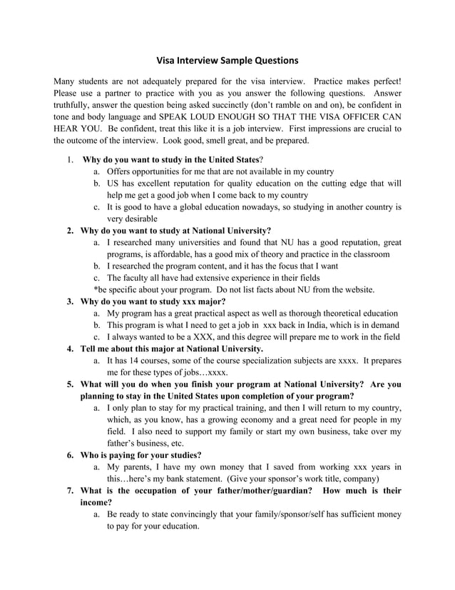 Visa Interview Sample Questions | PDF