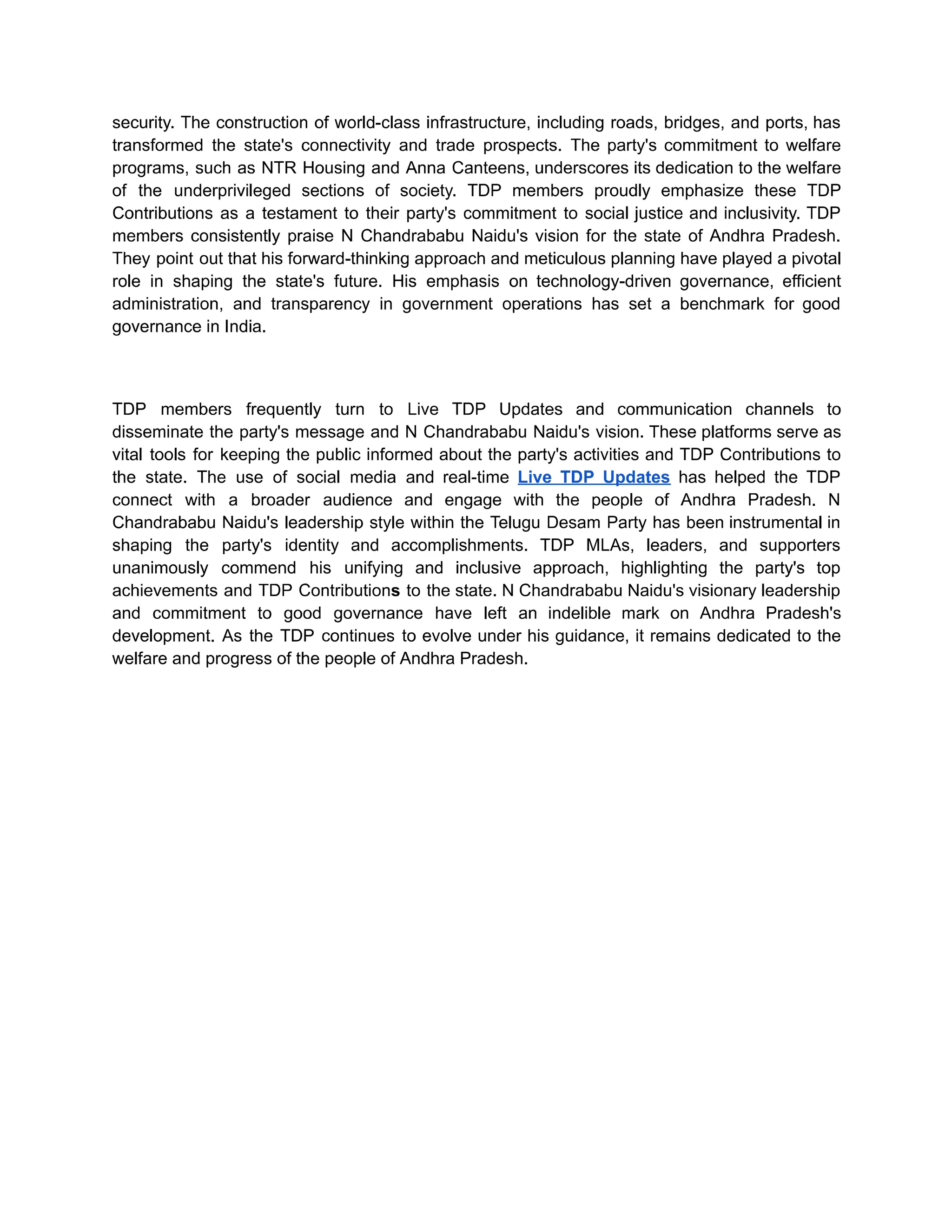 N Chandrababu Naidu's Visionary Leadership: Unifying Andhra Pradesh Through TDP Achievement | PDF