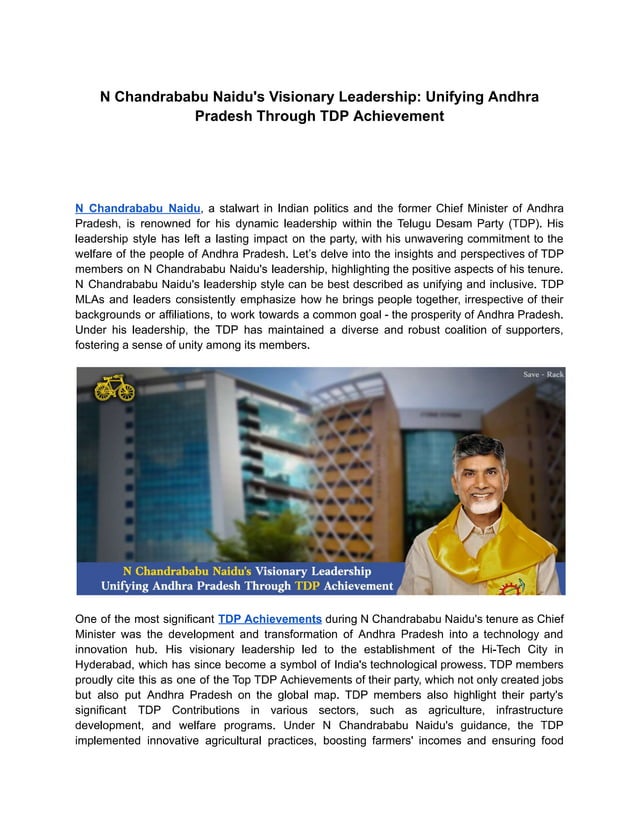 N Chandrababu Naidu's Visionary Leadership: Unifying Andhra Pradesh Through TDP Achievement | PDF